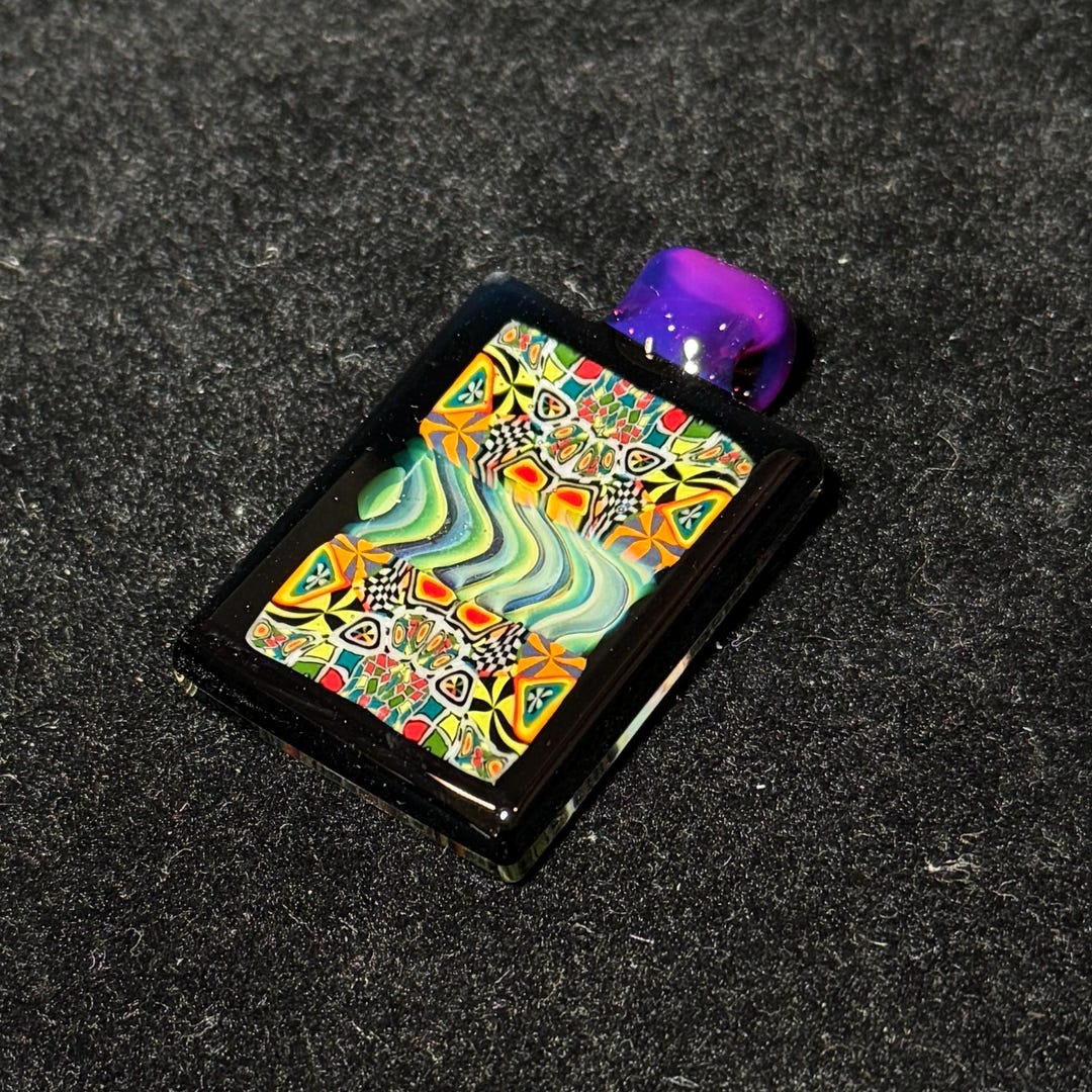 Fume and Murrine Chip Stack Tablet Style Blown Glass Pendant With Jet ...