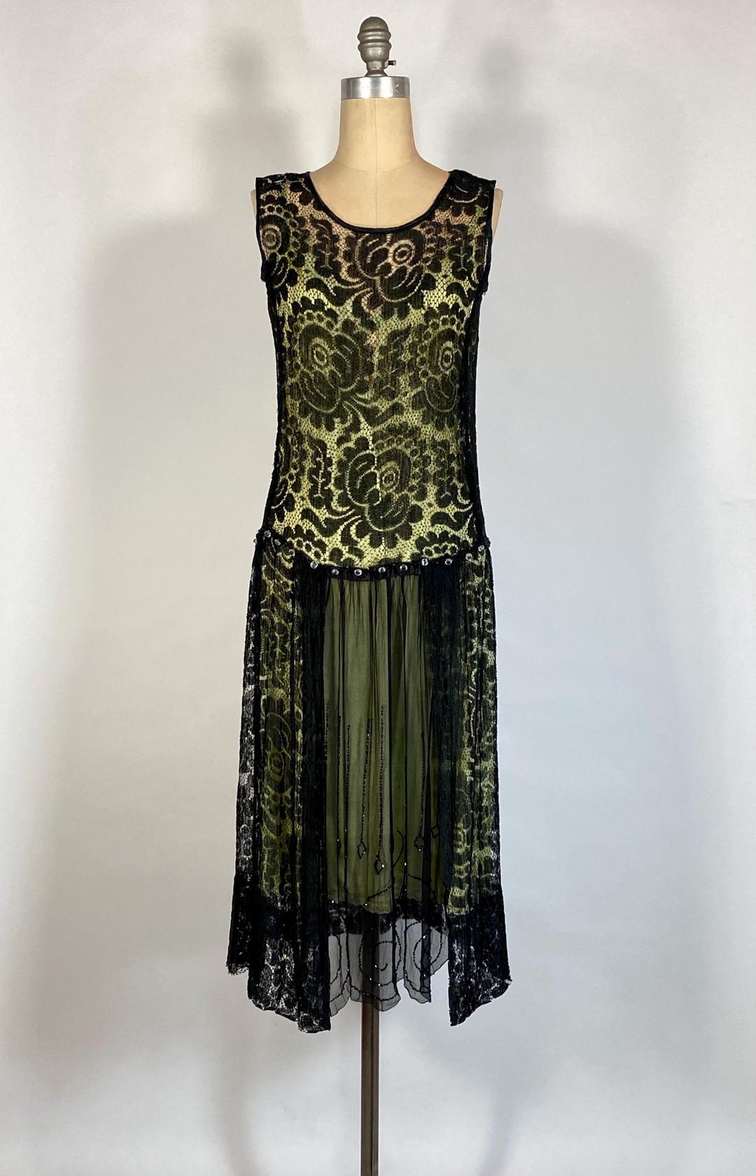1920’s Vintage Black Sheer Lace Drop Waist Flapper Dress With Bead ...