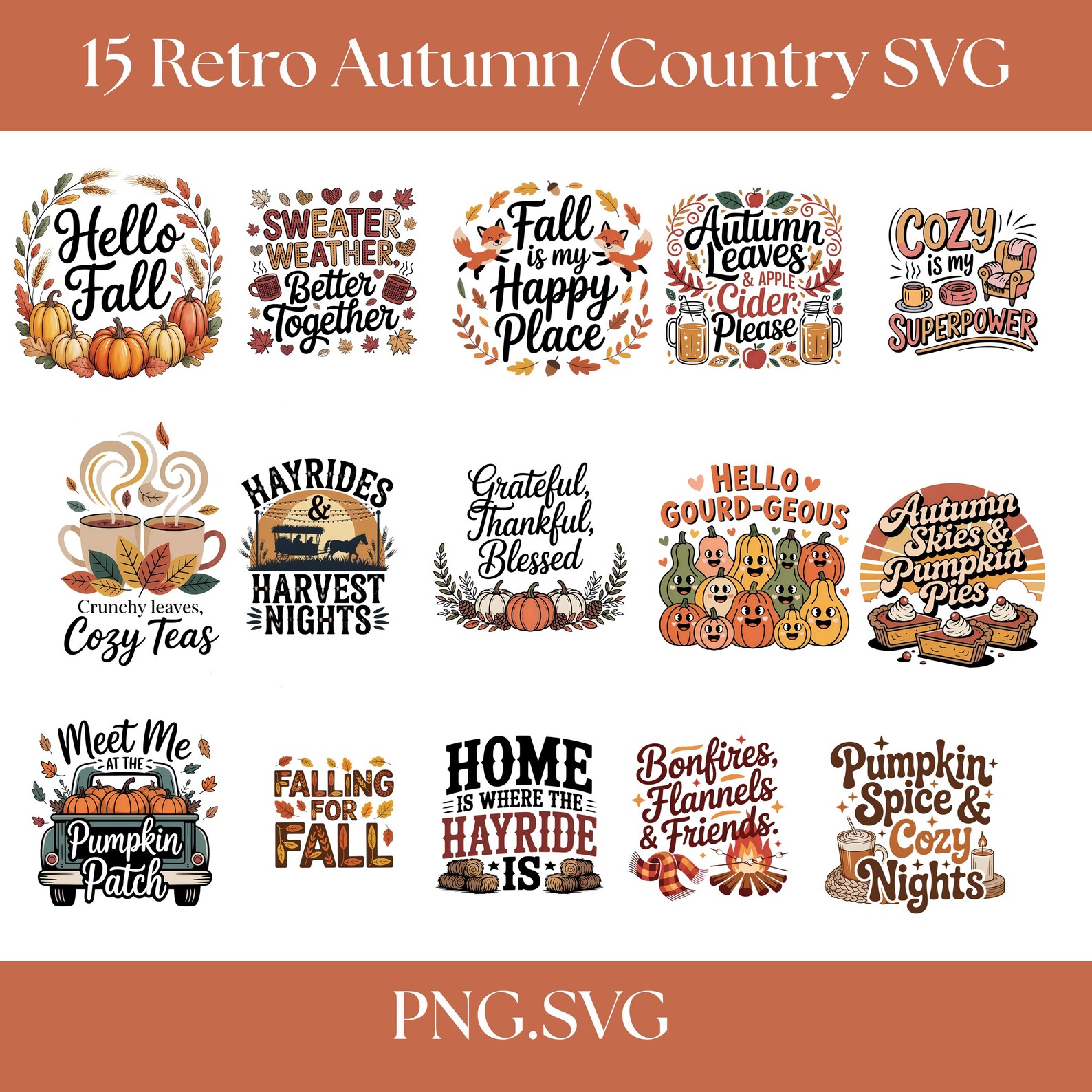 Retro Fall Bundle SVG PNG | Thanksgiving Svg | Groovy Autumn Pumpkin ...