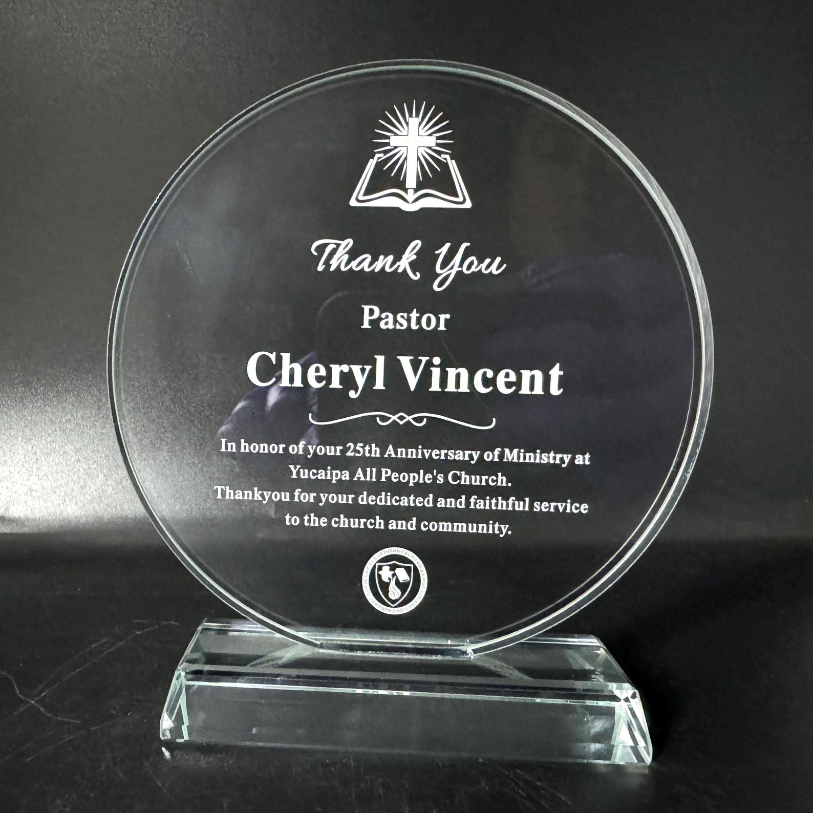 Custom Crystal Pastor Appreciation Award: Engraved Church Leadership ...