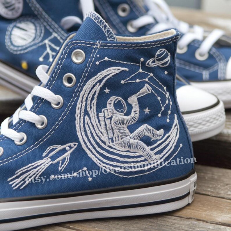 Astronaut Crescent Moon Embroidered Navy High Tops Chuck Taylor ...