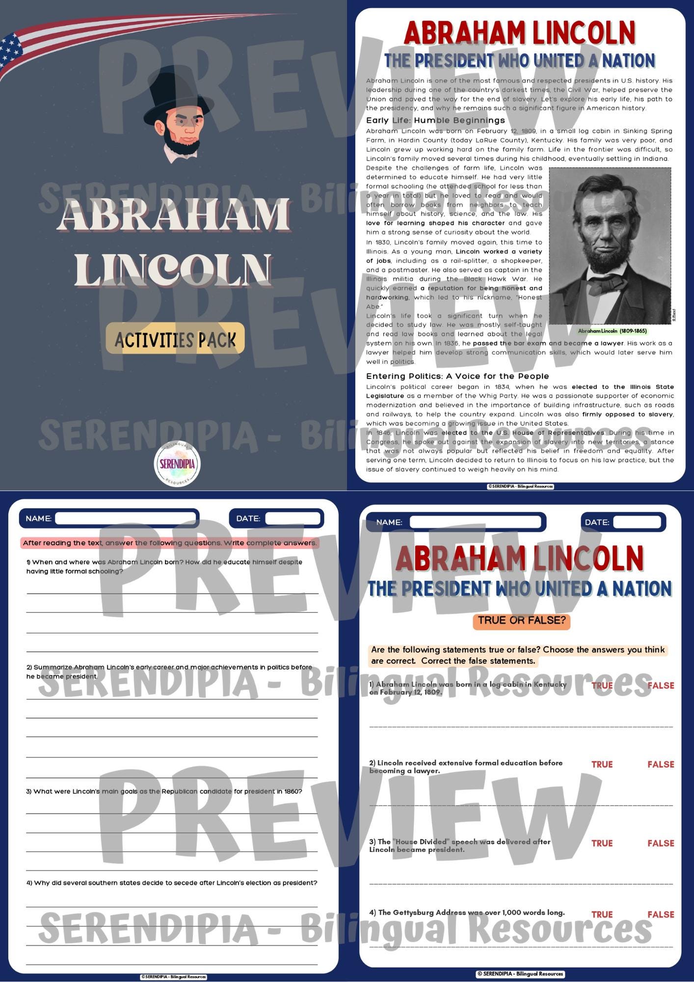 Abraham Lincoln's Biography READING COMPREHENSION PRINTABLES ...
