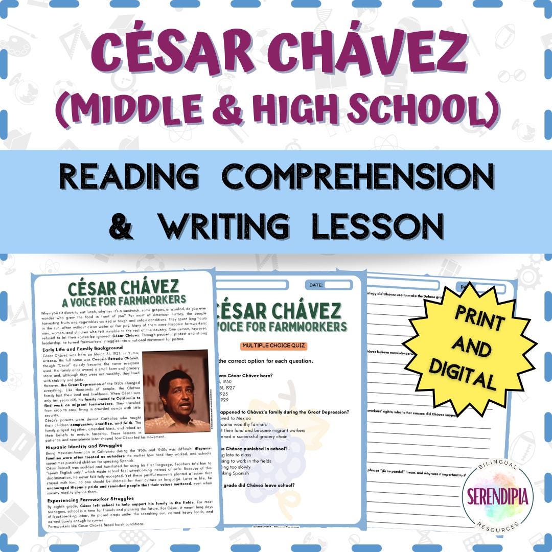 César Chávez READING COMPREHENSION ACTIVITIES | Hispanic Heritage Month ...