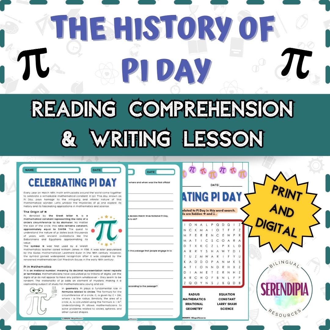 History of Pi Day Reading Comprehension Printable Activities for Middle ...