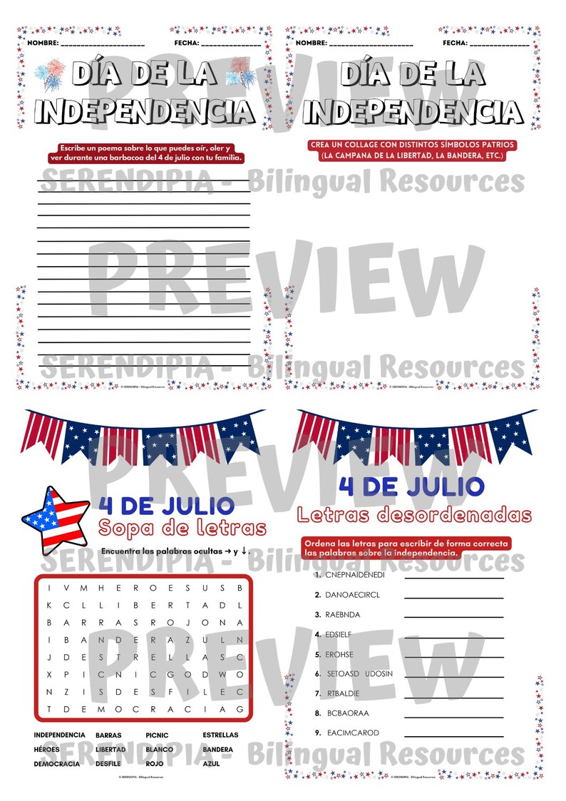 El 4 De Julio | ACTIVIDADES LECTURA, ESCRITURA, Sopa De Letras ...