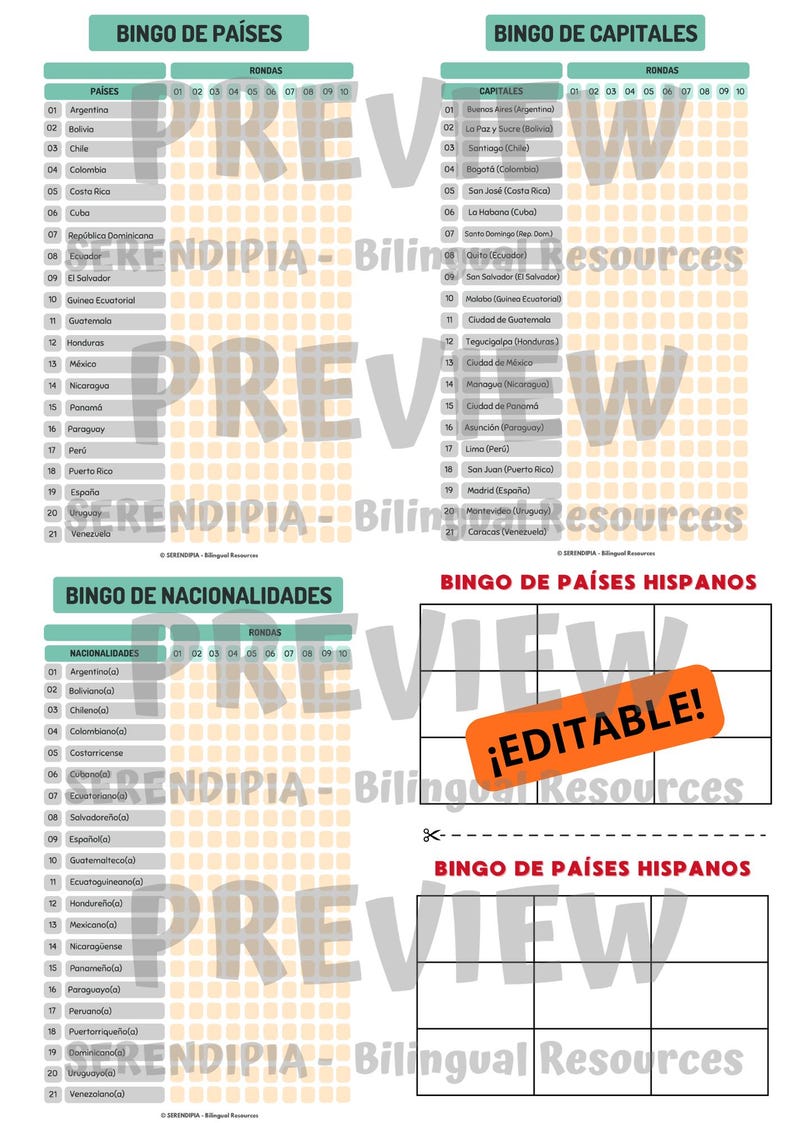 Los Países Hispanos | JUEGO De La MEMORIA Y BINGO | Hispanic Heritage ...