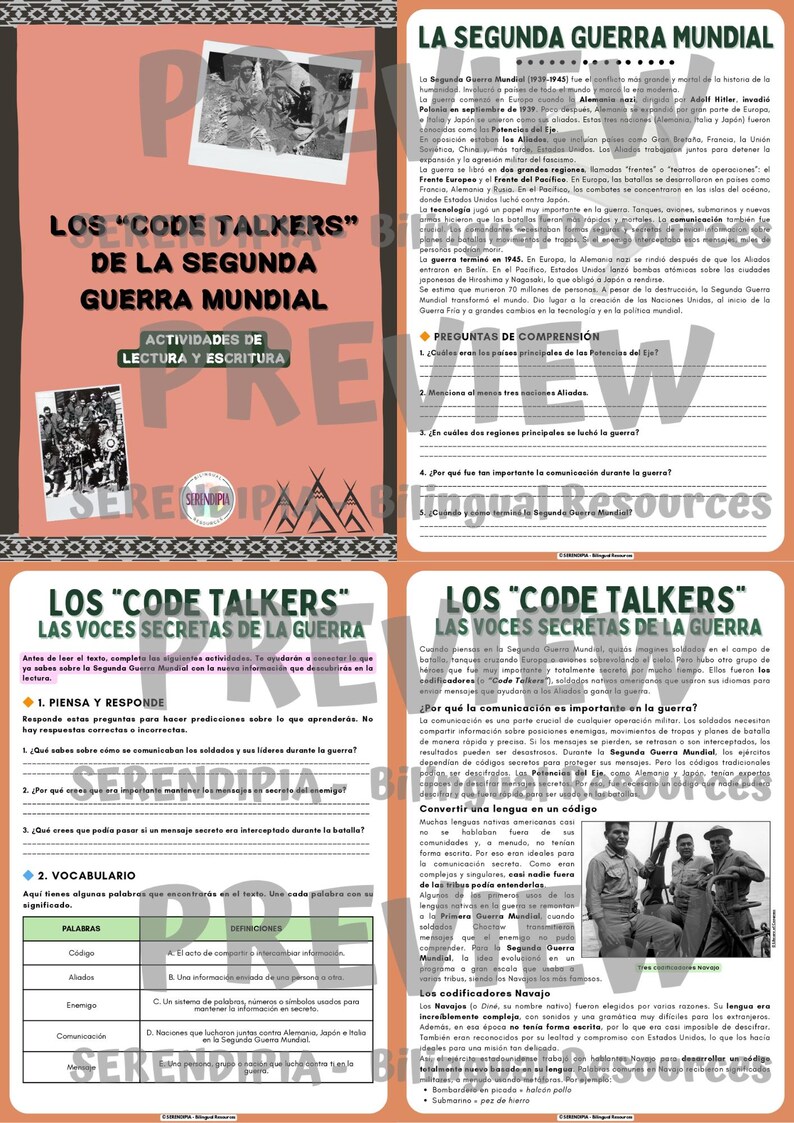 Navajo Code Talkers World War SPANISH Reading Comprehension | Native ...