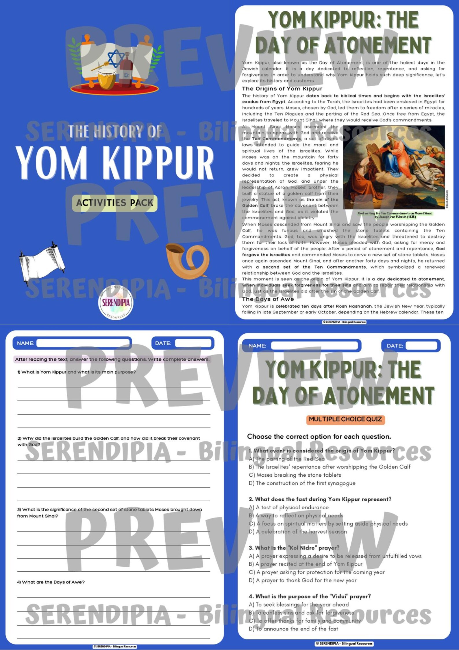 Yom Kippur History Traditions READING COMPREHENSION ACTIVITIES | Yom ...