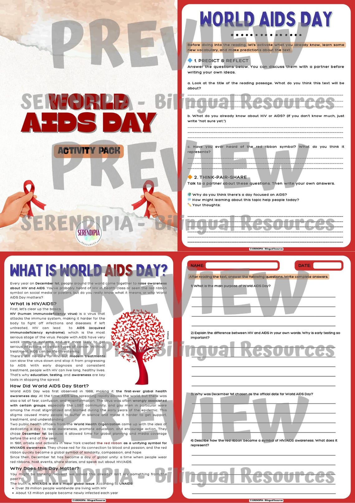 World Aids Day Reading Comprehension Printable | HIV/AIDS Awareness ...