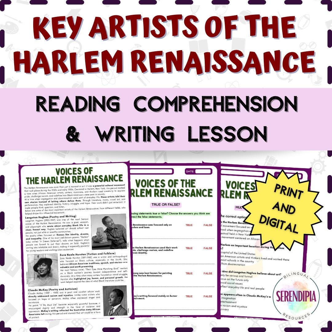 The Harlem Renaissance Artists Reading Comprehension Printable ...