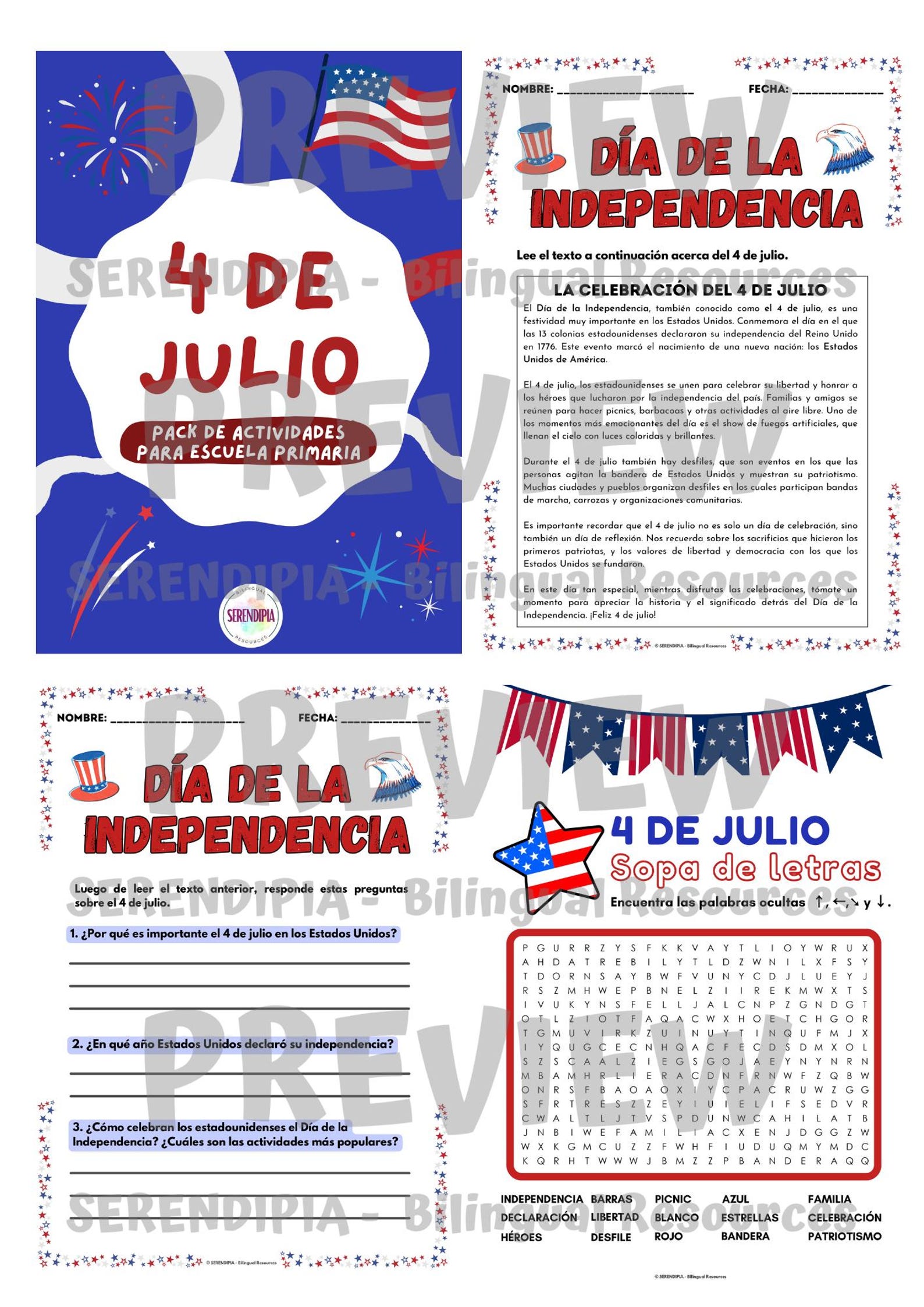 El 4 De Julio | ACTIVIDADES LECTURA, ESCRITURA, Sopa De Letras ...