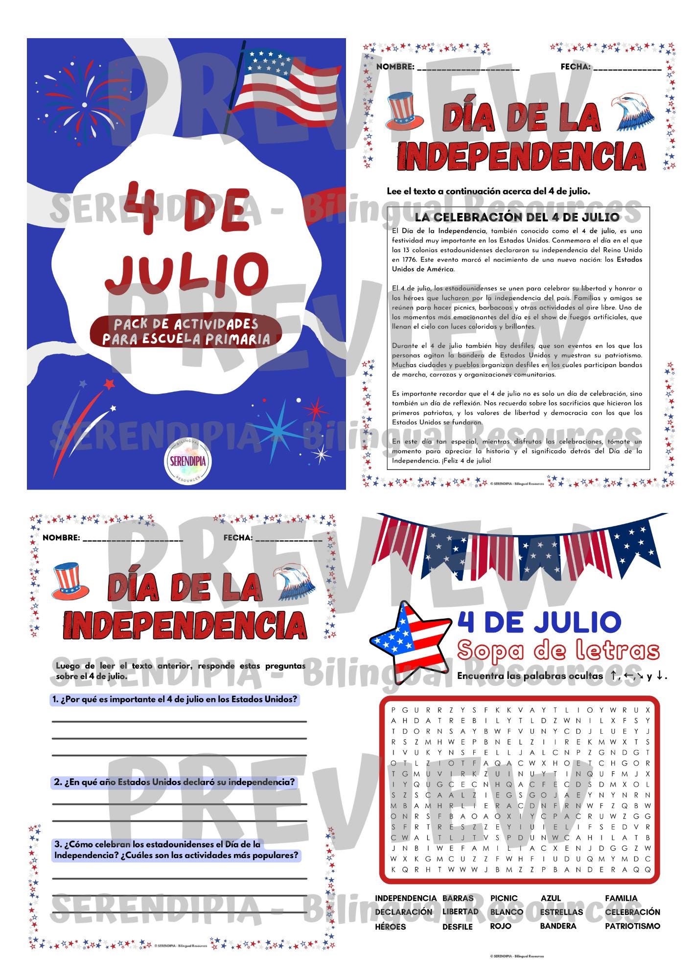 El 4 De Julio | ACTIVIDADES LECTURA, ESCRITURA, Sopa De Letras ...