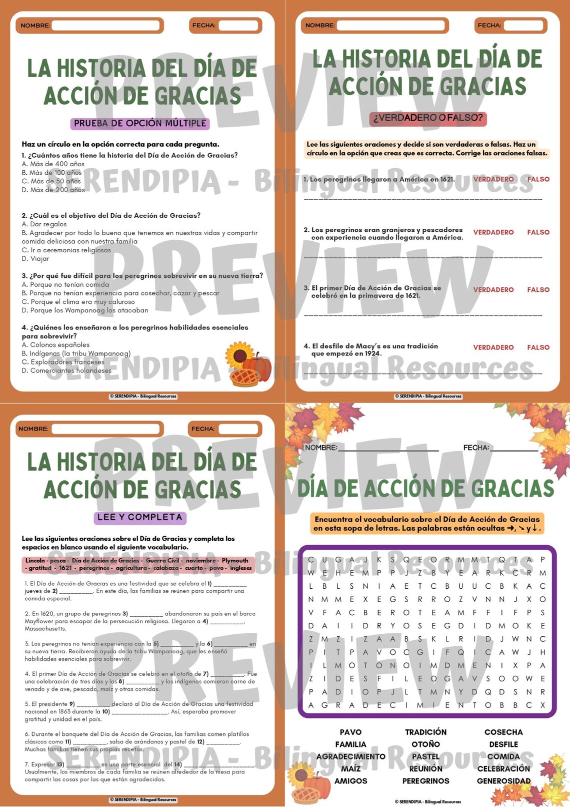 Historia Día De Acción De Gracias | Actividades LECTURA & ESCRITURA ...