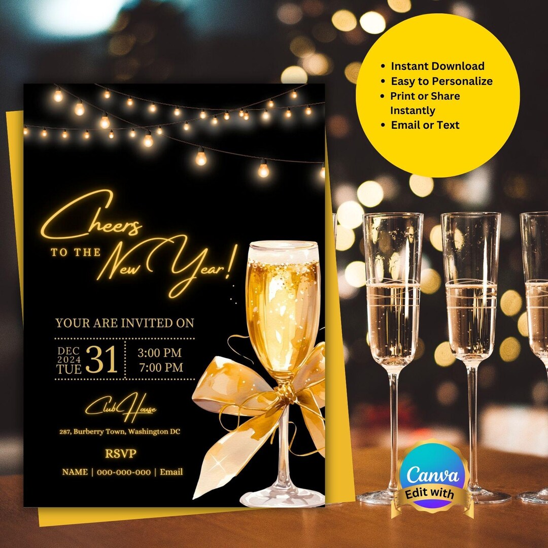 New Years Invitation Template Happy New Year Invite NYE Party Editable ...