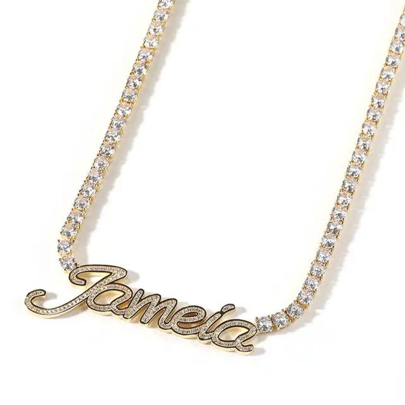 Custom Tennis Cursive Name Necklace Iced Out Personalized Name Pendant ...