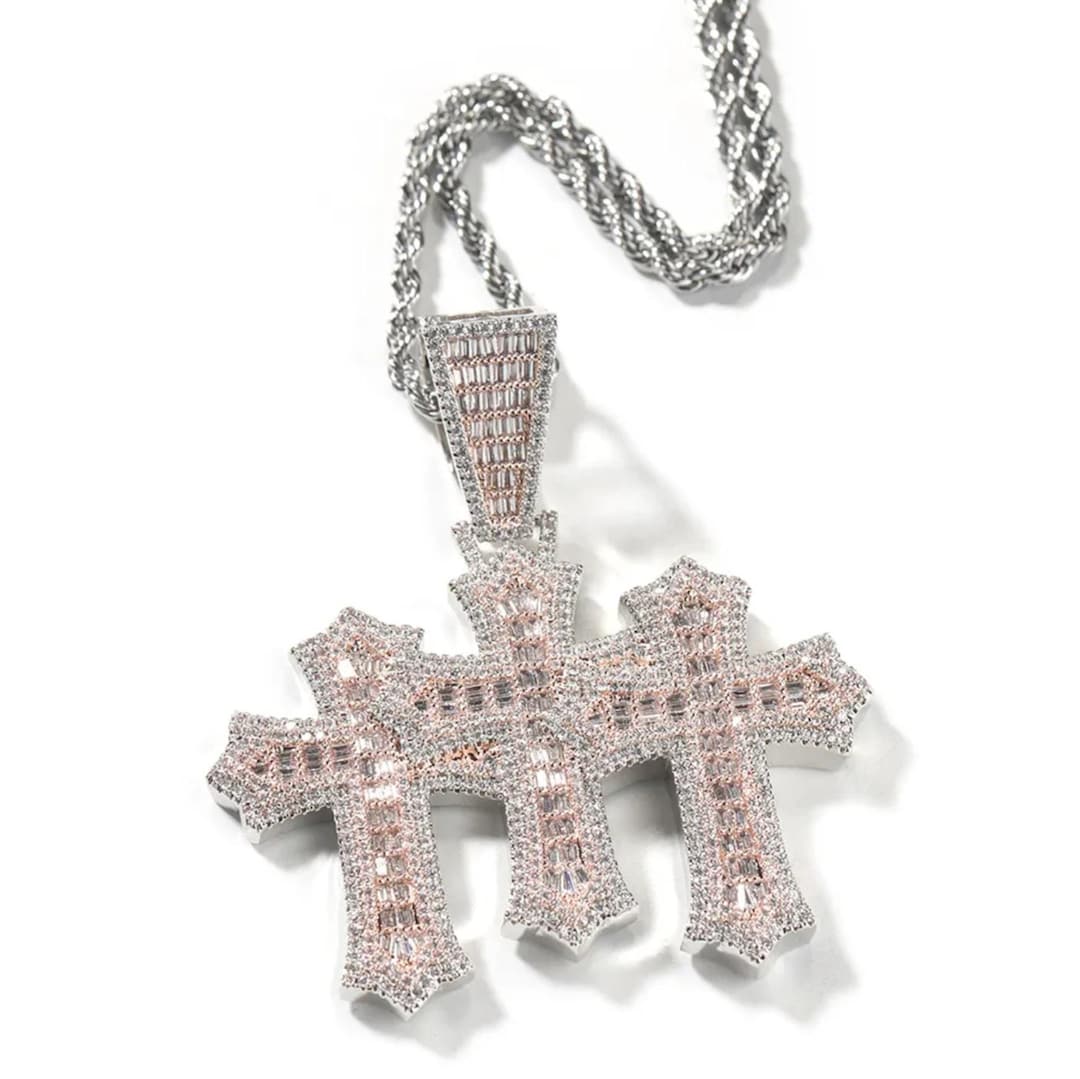 Iced Out 3 Cross Necklace VVS Simulated Diamond Chain Cross Pendant ...
