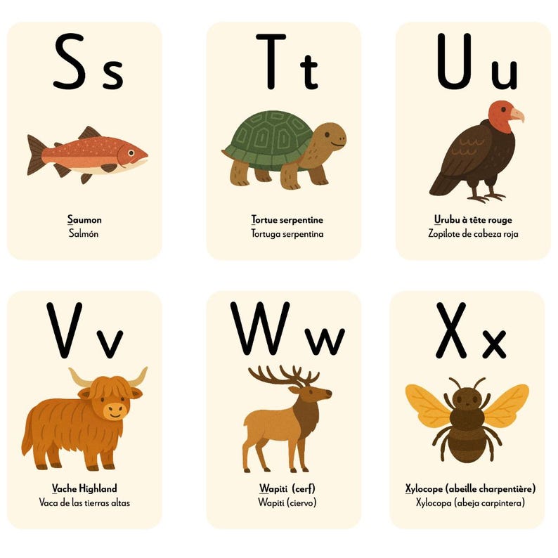 Canadian Animals Flashcards: Bilingual French Spanish ABC (PDF + PNG ...