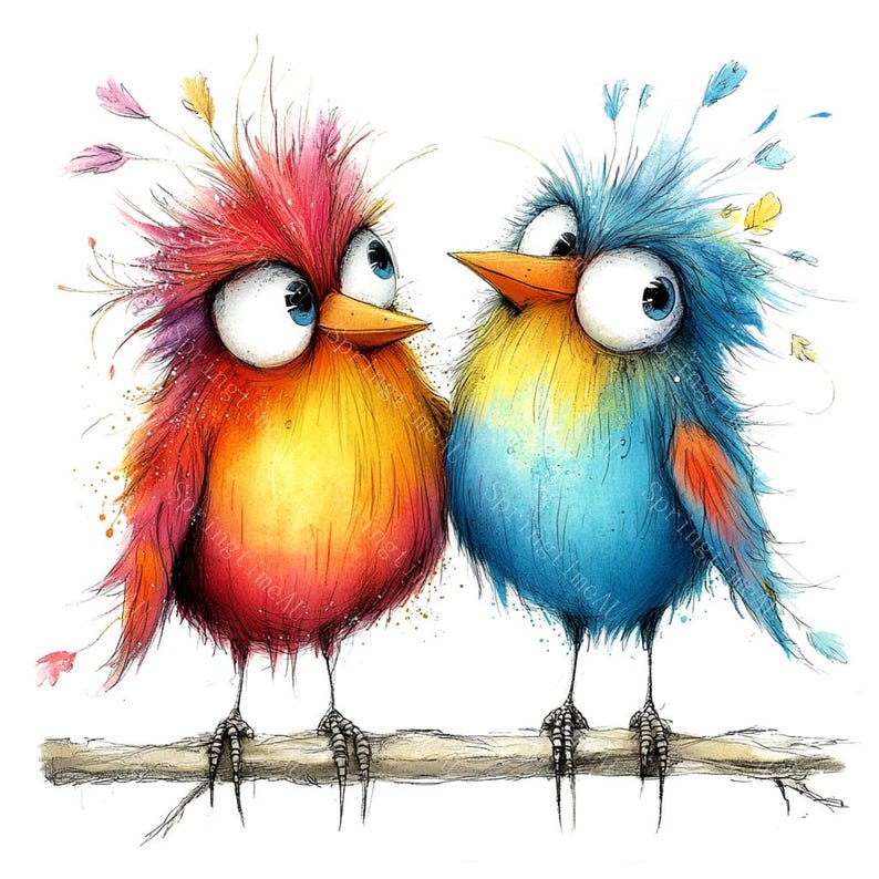 20 Quirky Birds Clipart, Whimsical Birds on a Branch, Colorful Birds ...