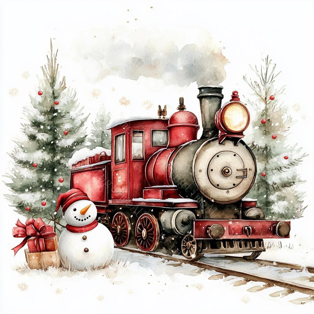 16 Christmas Locomotives Clipart, Cartoon Train, Christmas Train ...