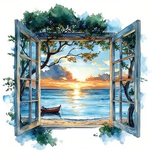 14 Window Seaside View Clipart, Window to Ocean Print, Window Ocean ...