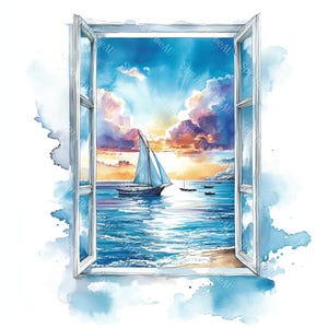 14 Window Seaside View Clipart, Window to Ocean Print, Window Ocean ...