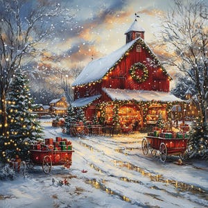 18 Winter Countryside View Clipart, Christmas Cart Barn Village Clipart ...