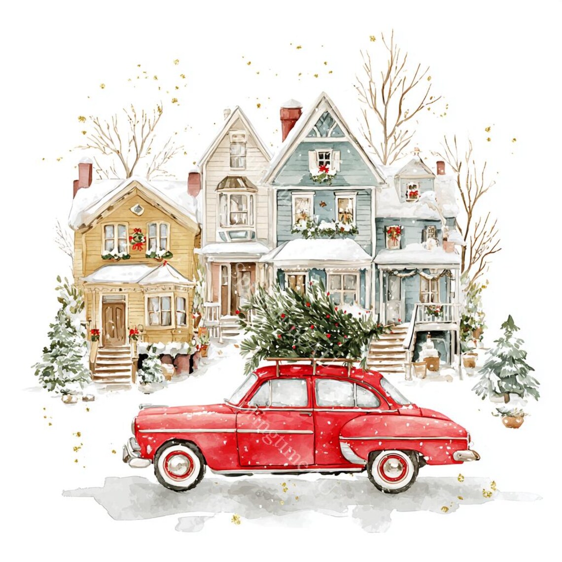 22 Vintage Christmas Red Car Clipart, Red Retro Car Fir Tree, Gold Foil ...