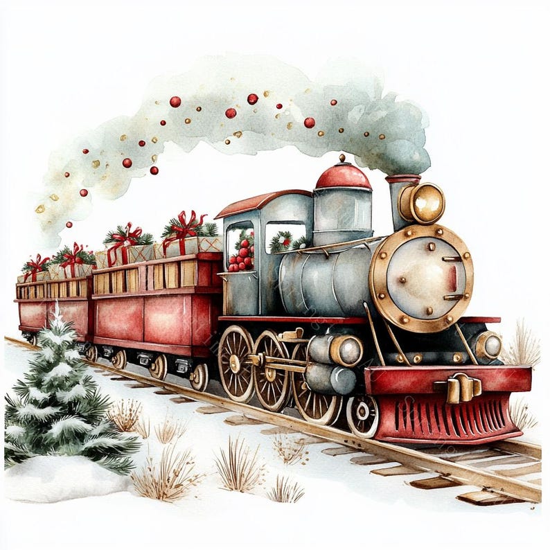 16 Christmas Locomotives Clipart, Cartoon Train, Christmas Train ...