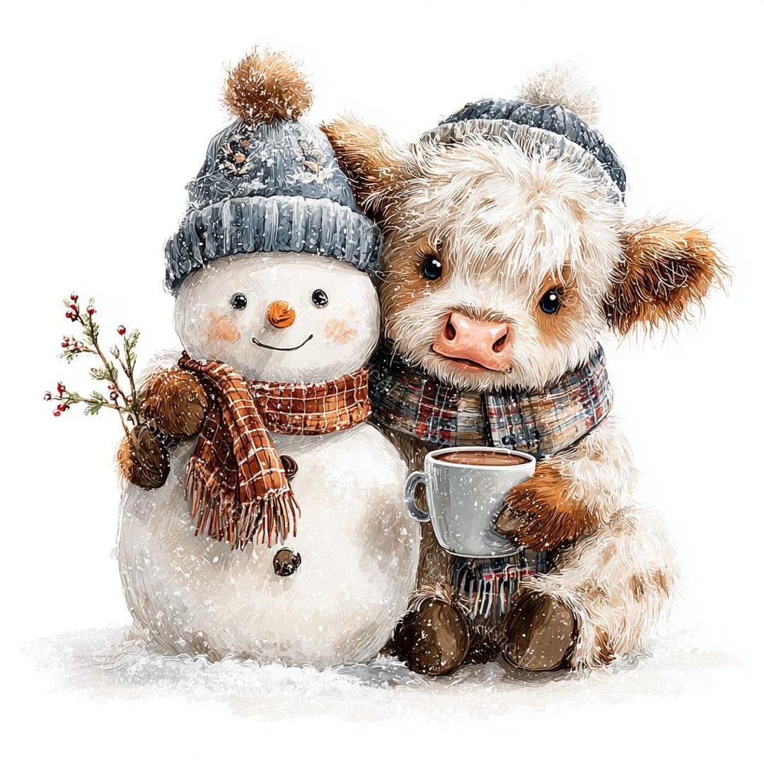 20 Highland Cow With Snowman Clipart, Cozy Winter, Fluffy Cow Xmas ...