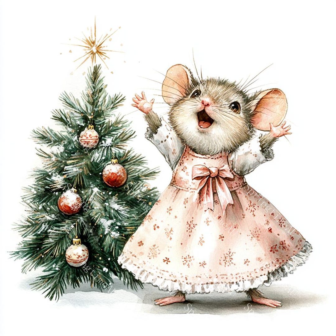 20 Christmas Mouse in Vintage Dress Clipart, Cute Santa Mouse,printable ...