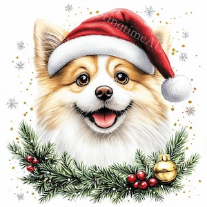 12 Cute Christmas Dogs Clipart, Xmas Pet Dogs, Red Santa Hat, Printable ...