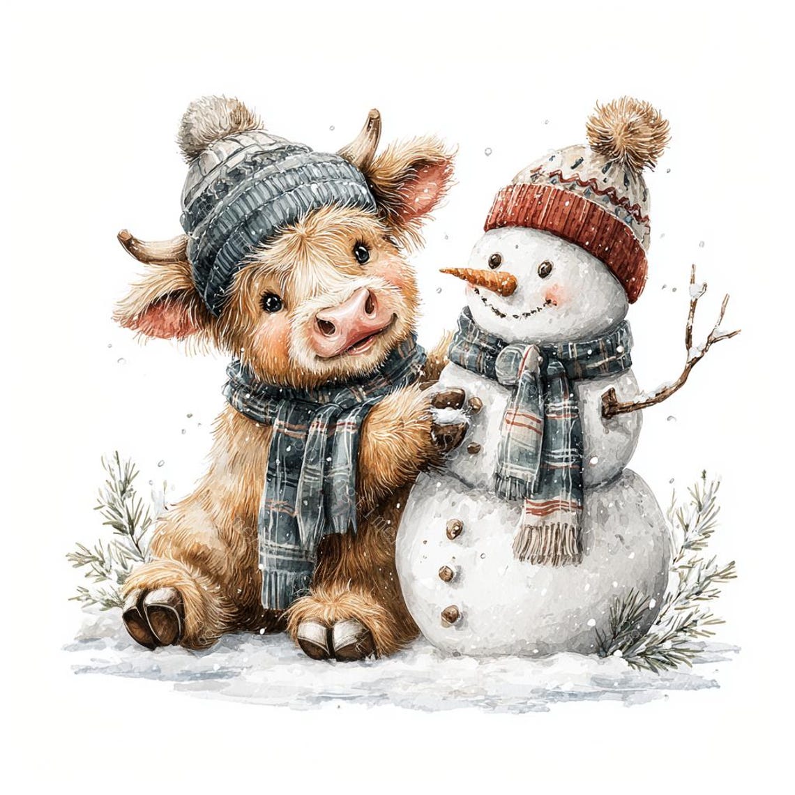 20 Highland Cow With Snowman Clipart, Cozy Winter, Fluffy Cow Xmas ...
