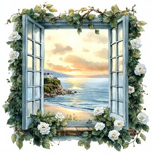 14 Window Seaside View Clipart, Window to Ocean Print, Window Ocean ...