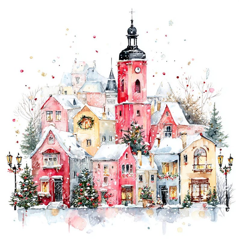 20 Christmas Village Clipart, Christmas Card Art, Printable Watercolor ...