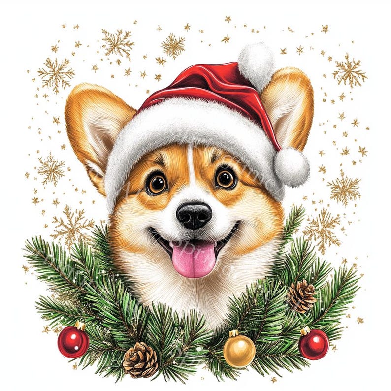 12 Cute Christmas Dogs Clipart, Xmas Pet Dogs, Red Santa Hat, Printable ...