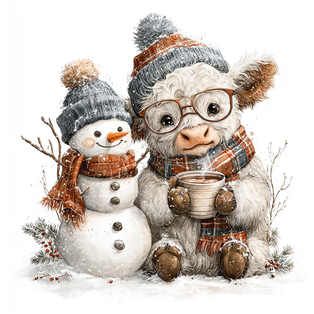 20 Highland Cow With Snowman Clipart, Cozy Winter, Fluffy Cow Xmas ...