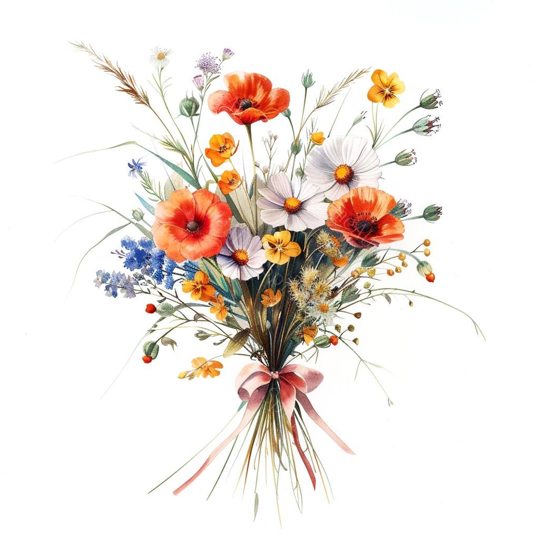 18 Wildflowers Bouquet Clipart, Wild Flowers, Printable Watercolor ...