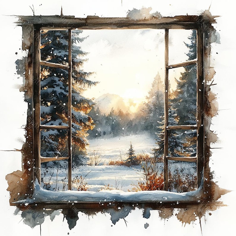 15 Winter Window Landscape View Clipart, Snowy Scene, Christmas Window ...