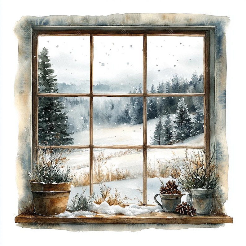 15 Winter Window Landscape View Clipart, Snowy Scene, Christmas Window ...