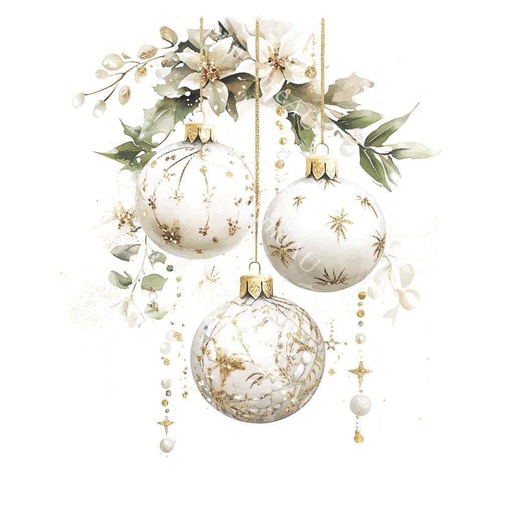 18 Elegant Christmas Baubles Clipart, White Gold Florals, Christmas ...