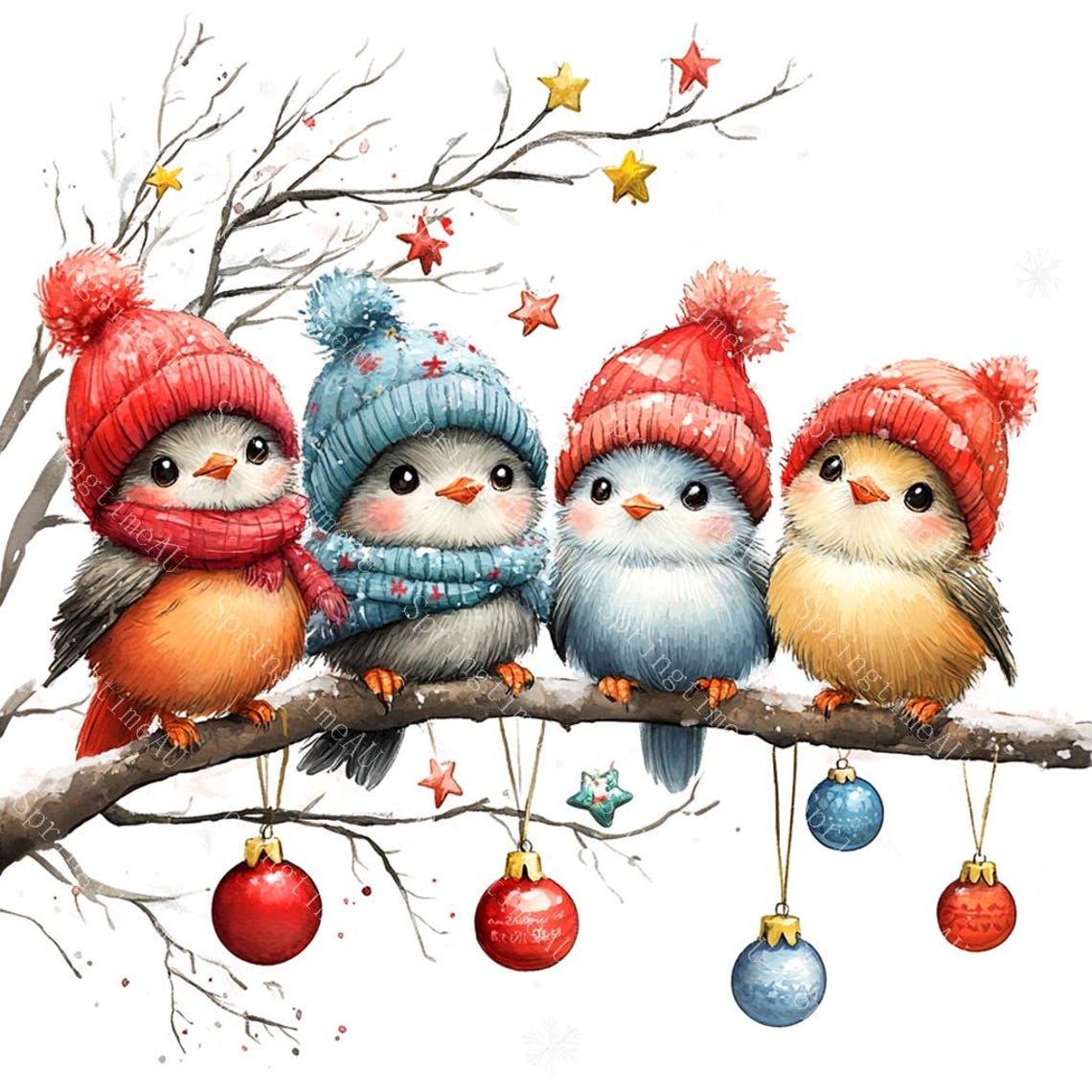 20 Cute Christmas Birds Clipart, Whimsical Winter Bird, Christmas Card ...