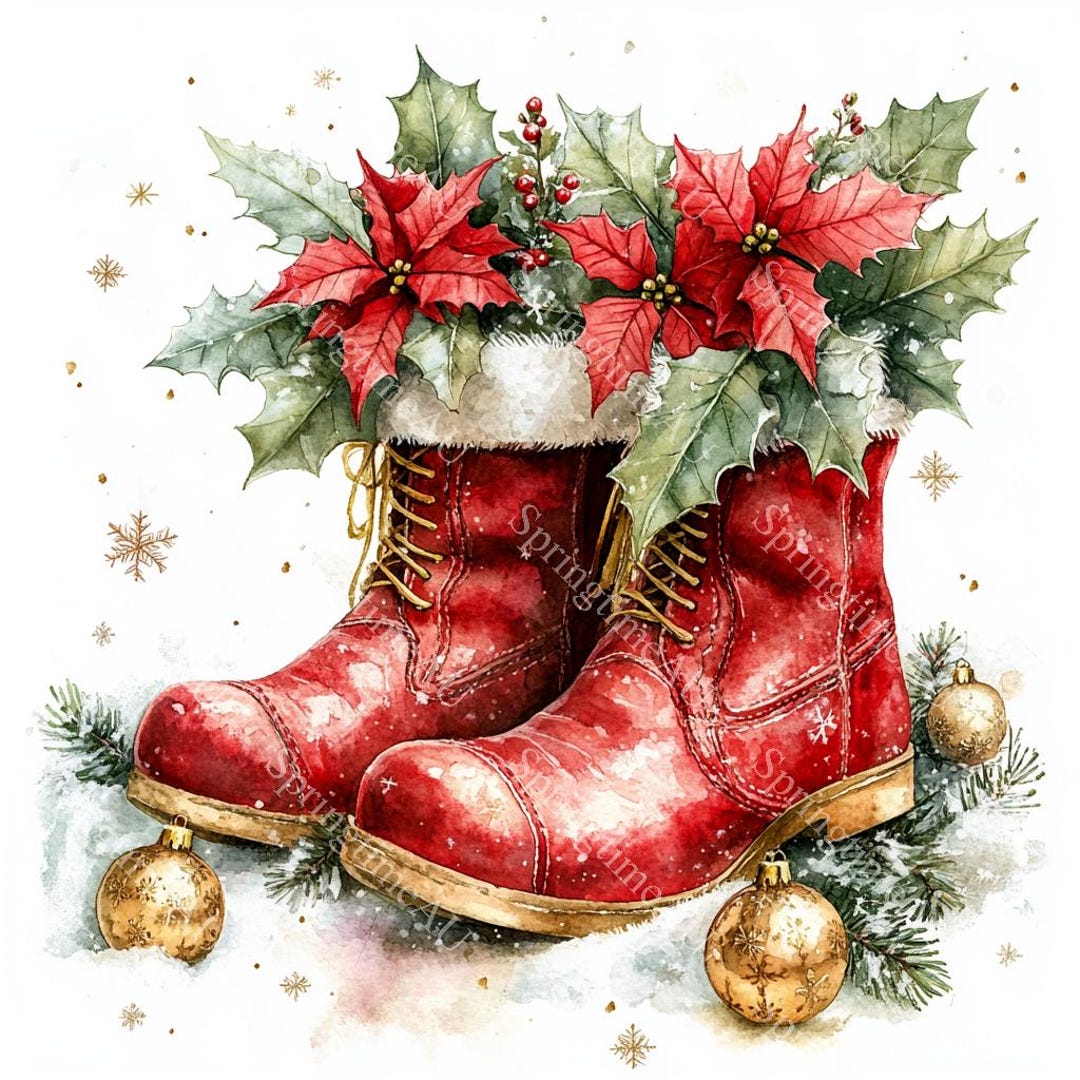 20 Festive Christmas Cowboy Boots Clipart, Santa Boot, Vintage Santa ...