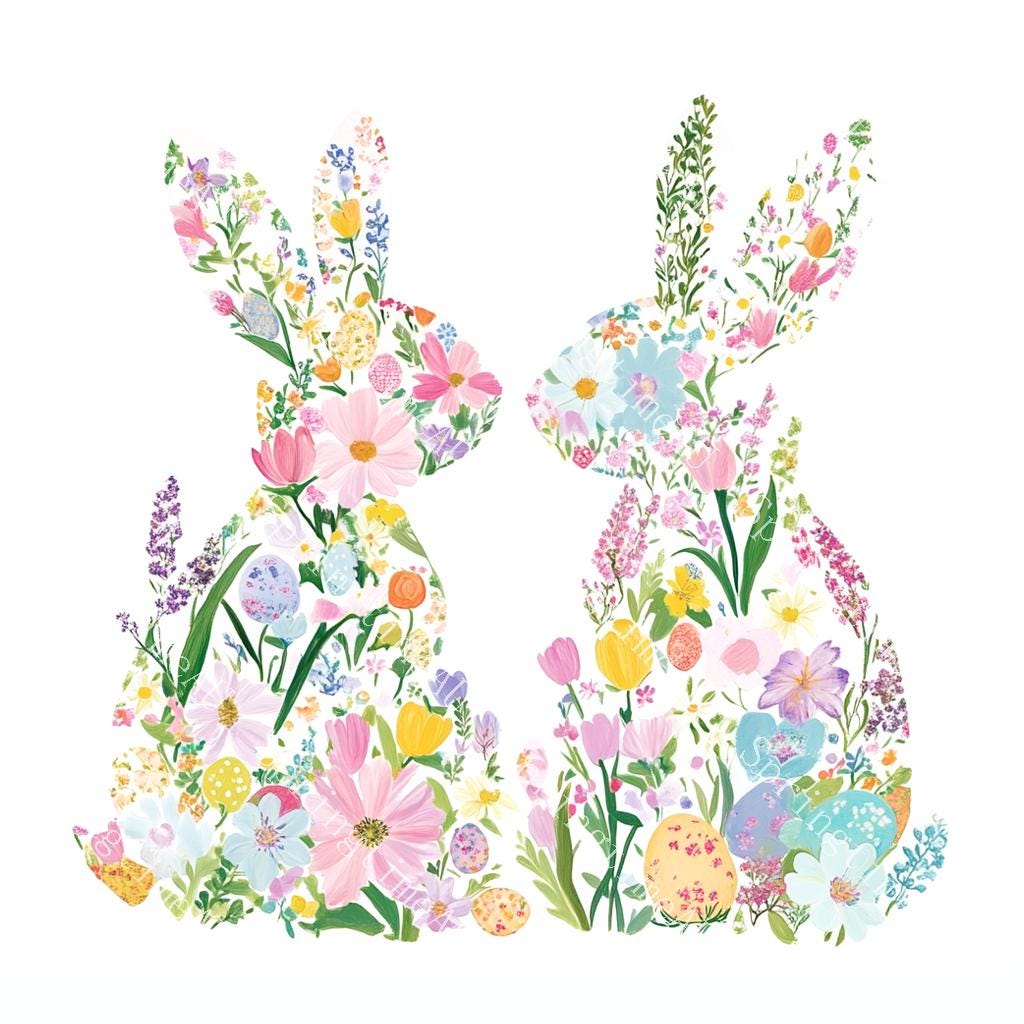18 Cute Rabbit Easter Clipart, Bunny Easter, Floral Rabbits, Easter ...