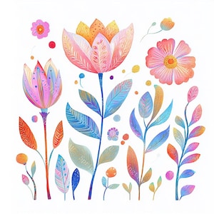 20 Quirky Weird Flowers Clipart, Folk Art Flowers, Colorful Flowers ...