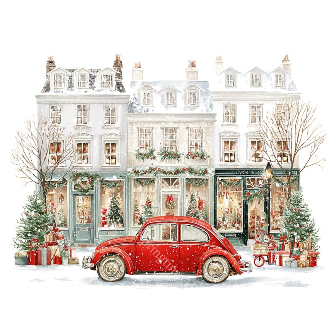 22 Vintage Christmas Red Car Clipart, Red Retro Car Fir Tree, Gold Foil ...