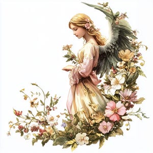 16 Floral Angel Clipart, Victorian Style Angel, Angel With Wings ...