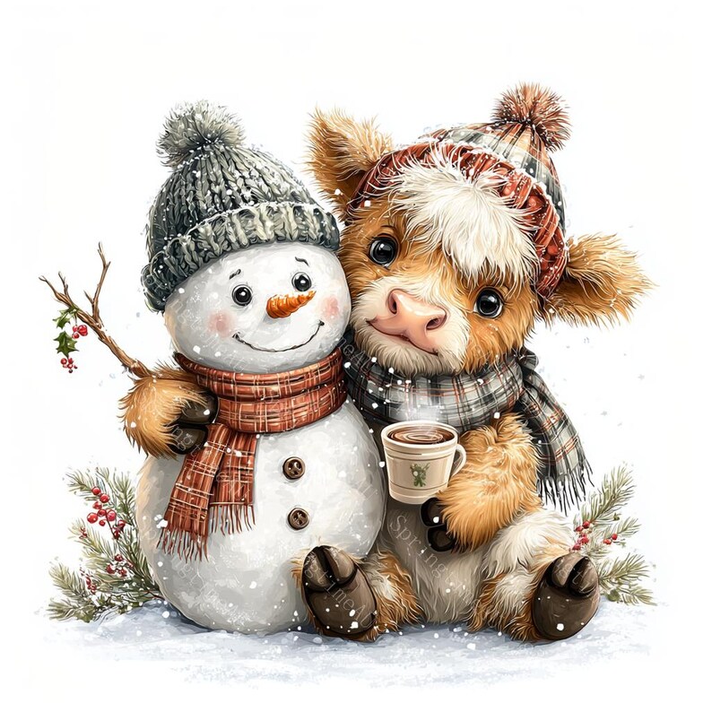 20 Highland Cow With Snowman Clipart, Cozy Winter, Fluffy Cow Xmas ...