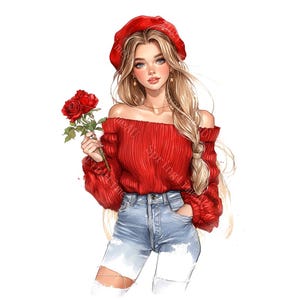14 Red Roses Girl Clipart, Romantic Girl, Cottagecore Feminine ...