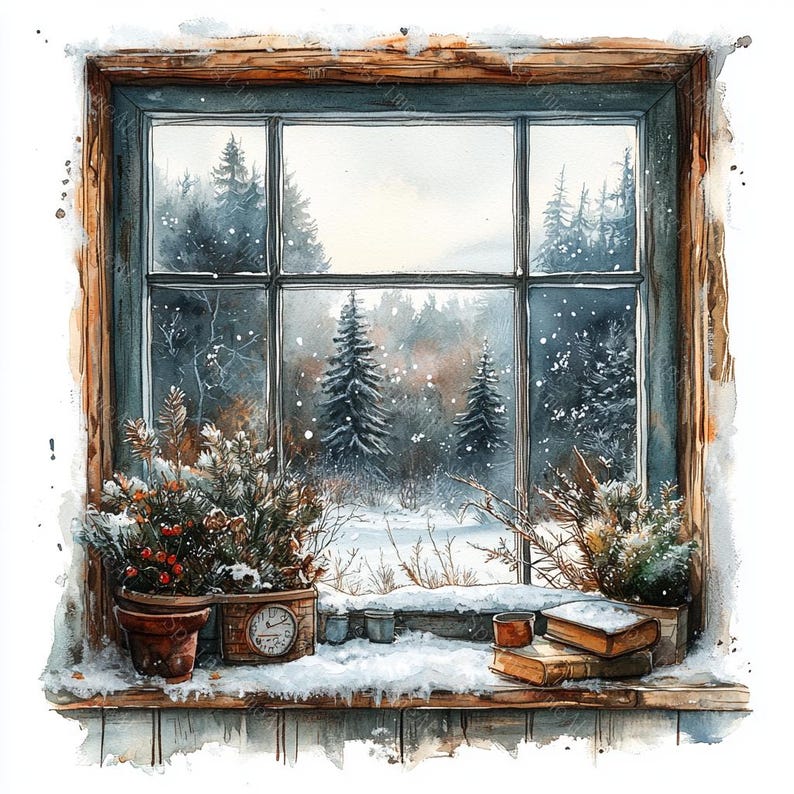15 Winter Window Landscape View Clipart, Snowy Scene, Christmas Window ...