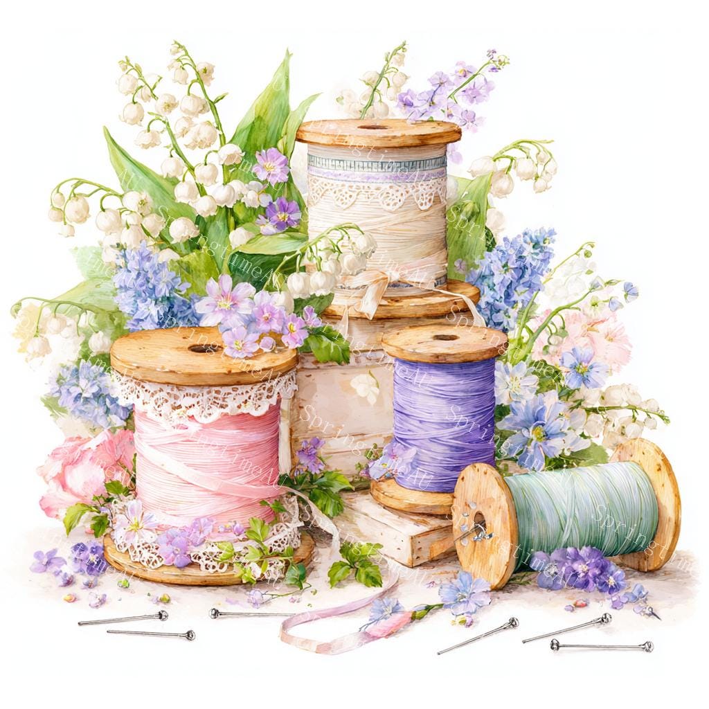 20 Vintage Spools of Thread Clipart, Floral Sewing, Printable ...